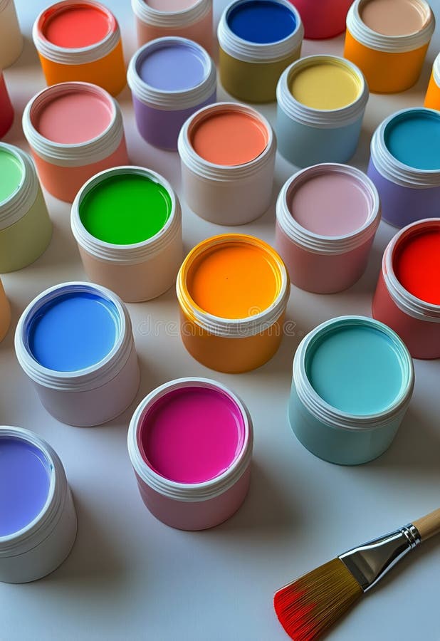 Colorful Paint Containers Arranged Neatly for Creative Projects in a ...