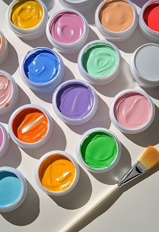 Colorful Paint Containers Arranged Neatly for Creative Projects in a ...
