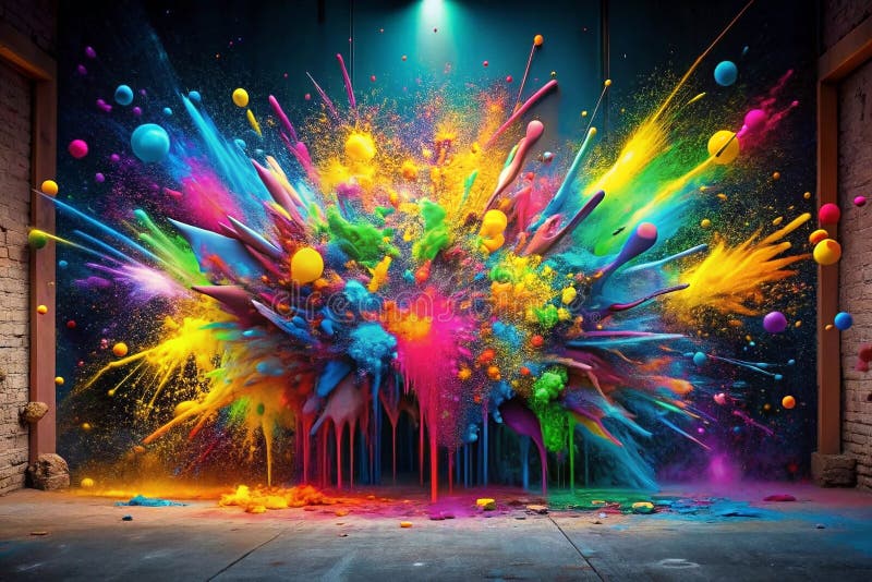 Colorful Paint Explosion in a Dark Studio Stock Illustration ...