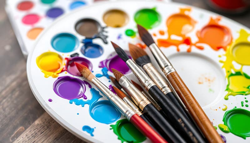 Colorful Paint Palette with Brushes, Artistic Tools for Painting and ...