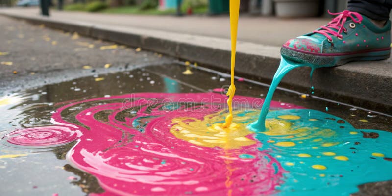 Colorful Paint Spills Create Vibrant Patterns on Wet Pavement during a ...