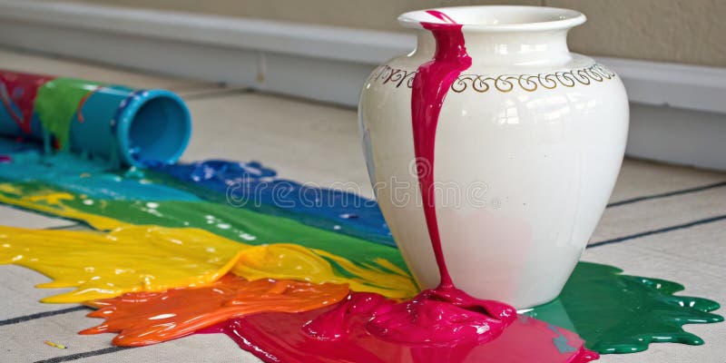 Colorful Paint Spills from Overturned Container beside a Vase in a ...