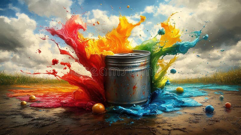 Colorful Paint Splash Exploding from Metallic Can in Vibrant Outdoor ...