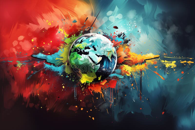 Colorful Paint Splashes Around Artistic Representation of Earth Planet ...