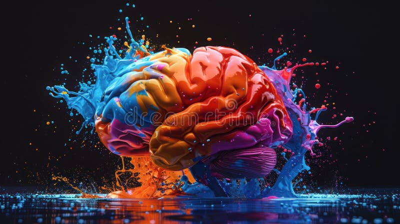 Colorful Paint Splashes and Drops on Human Brain Stock Illustration ...