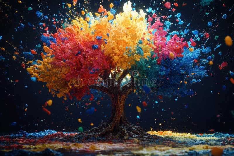 Colorful Paint Splashes Transform a Tree into a Vibrant Masterpiece of ...