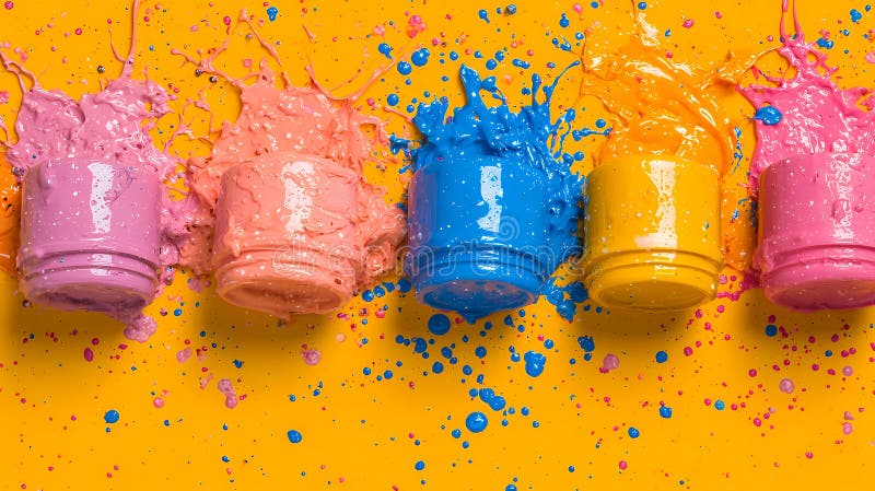 Colorful Paint Splashing from Containers on a Vibrant Yellow Background ...