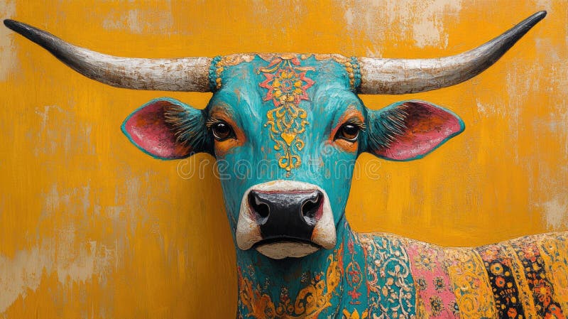 Colorful Painted Bull with Intricate Patterns on Golden Background ...