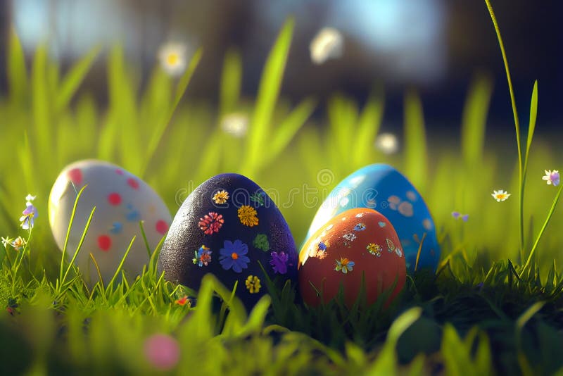 Colorful Painted Easter Eggs Background on Green Grass Generative AI ...