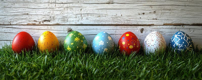 Colorful Painted Easter Eggs on Green Grass Against White Wooden ...