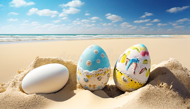 Colorful Painted Easter Eggs on Paradise Beach with Sea in the ...