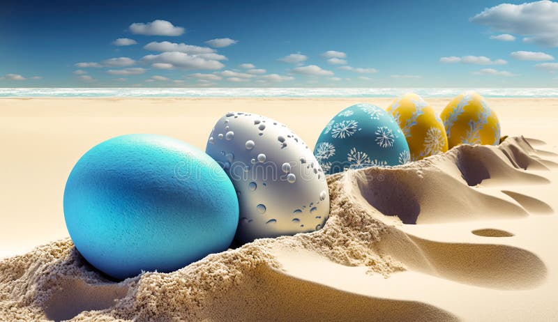 Colorful Painted Easter Eggs on Paradise Beach with Sea in the ...