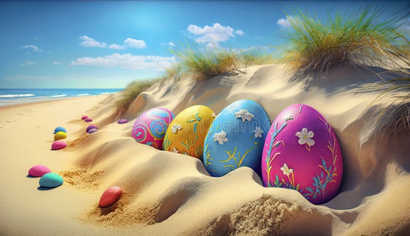 Colorful Painted Easter Eggs on Paradise Beach with Sea in the ...