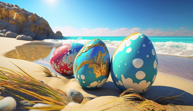 Colorful Painted Easter Eggs on Paradise Beach with Turquoise Sea in ...