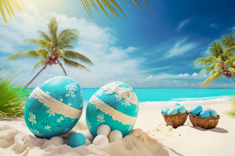 Colorful Painted Easter Eggs on Tropical Beach with Palm Trees and ...