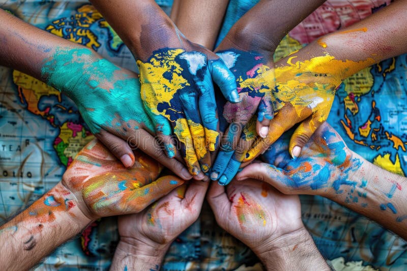 Colorful Painted Hands Forming a Unity Circle on a World Map Background ...
