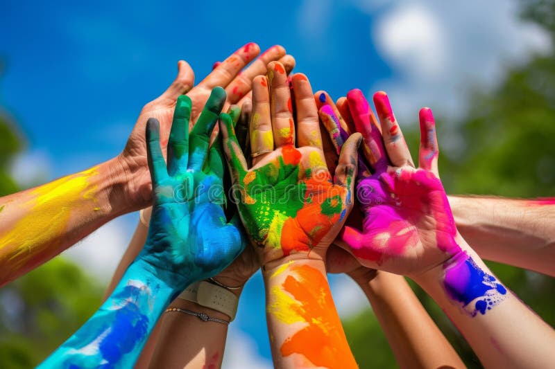 Colorful Painted Hands Raised Together in Unity Vibrant and Powerful ...
