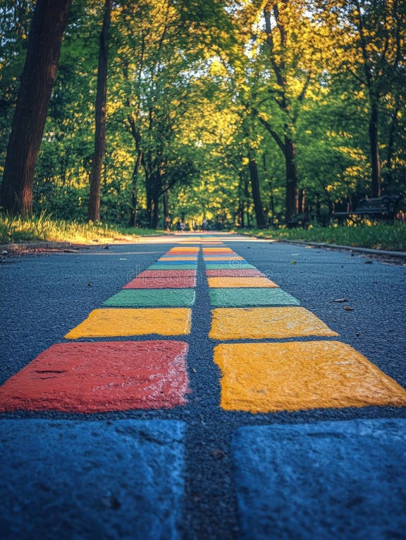 Colorful Painted Path in a Sunny Park Setting. Stock Image - Image of ...