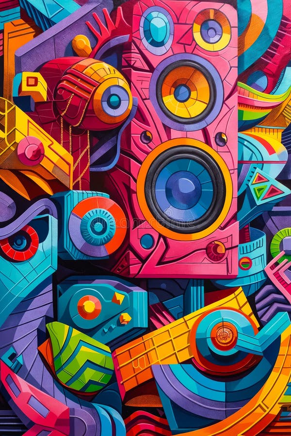 A Colorful Painting of a Colorful Abstract Design with Speakers ...
