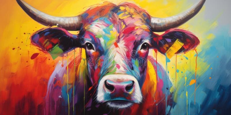 A Colorful Painting of a Bull with Its Horns Facing Forward. AIG51A ...