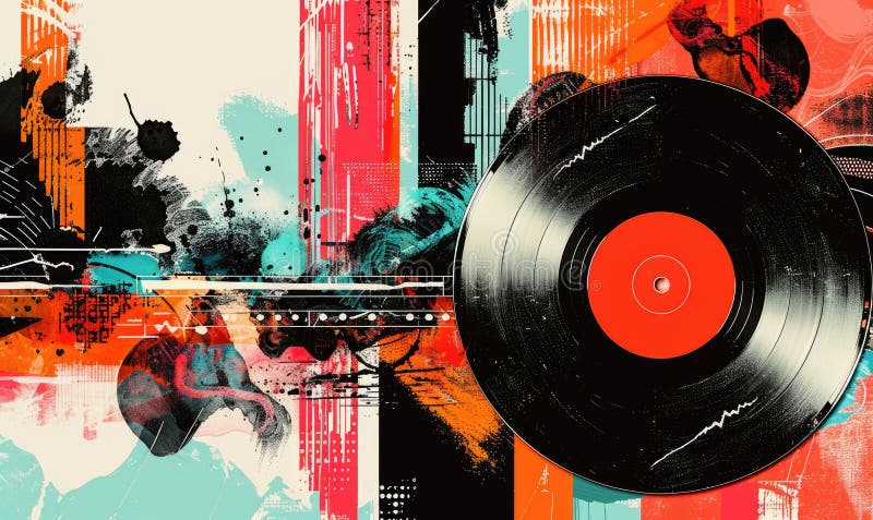 A Colorful Painting of a Record with a Black Record on it. Multicolored ...