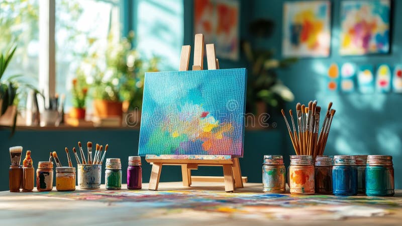 Colorful Painting Setup with Brushes and Paints in Bright, Creative ...
