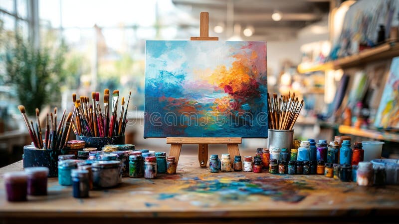 Colorful Painting Setup with Brushes and Paints in Bright, Creative ...