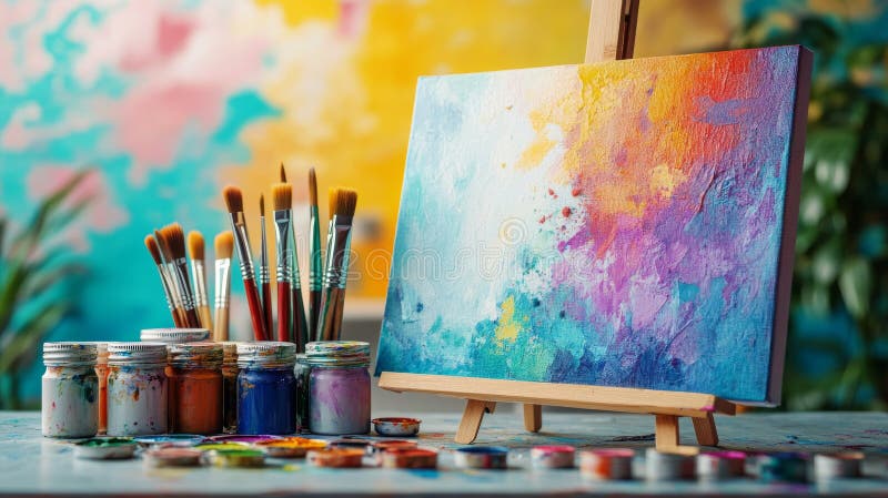 Colorful Painting Setup with Brushes and Paints in Bright, Creative ...