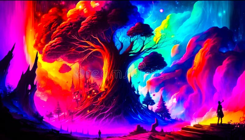 Colorful Painting of Tree with Man Standing in Front of it. Fantasy ...