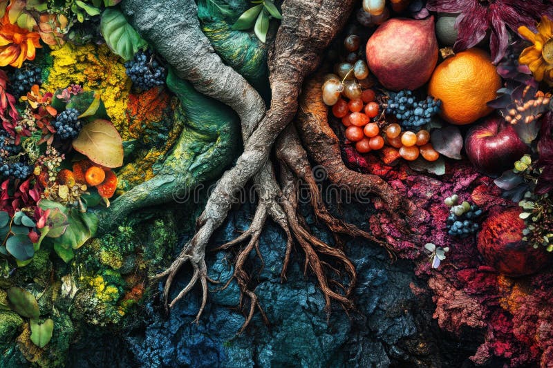A Colorful Painting of a Tree with Roots and Fruit Stock Illustration - Illustration of dieting ...