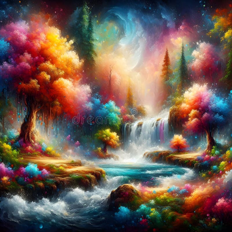 Colorful Painting of a Waterfall Surrounded by Lush Greenery and Bright ...