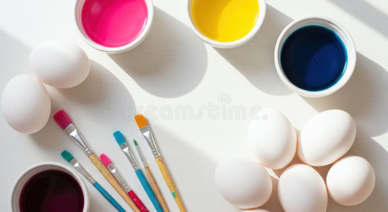 Colorful Paints and Brushes with White Eggs for Creative Easter Art ...