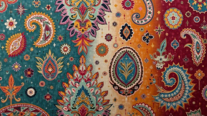 Colorful Paisley Pattern with Ornate Floral Designs on a Multi-colored ...