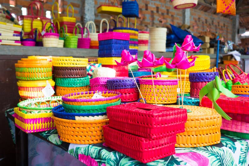 Colorful Palm Leaf Basket on Display in a Retail Market Stock Photo ...
