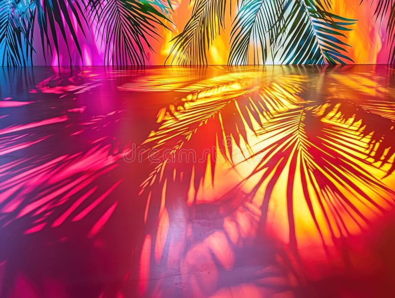 Colorful Palm Leaf Shadows on Vibrant Abstract Background Stock ...