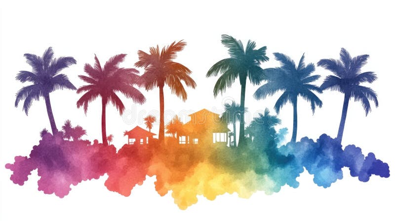 Colorful Palm Tree Silhouette Landscape with Rainbow Gradient and ...