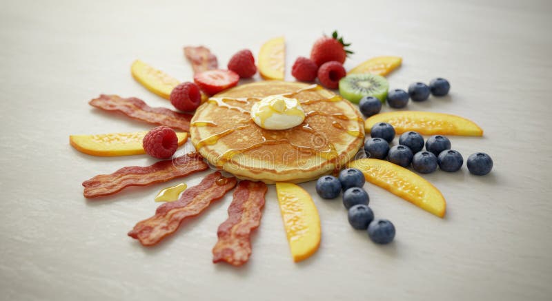 Colorful Pancake Breakfast with Fruit and Bacon Stock Illustration ...
