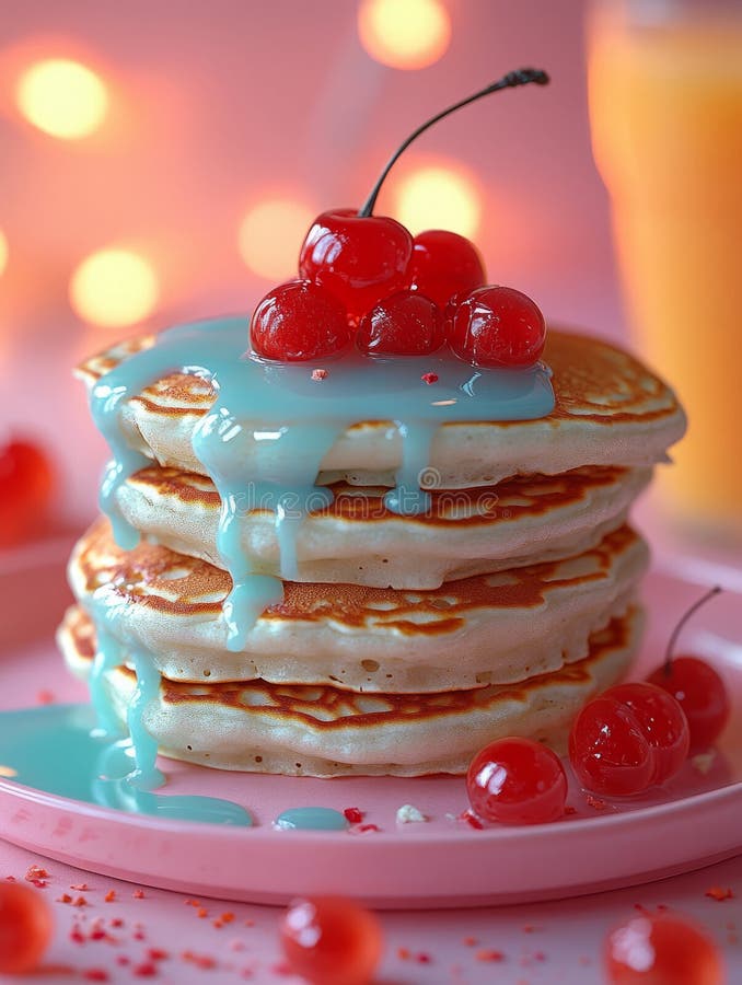 Colorful Pancakes with Cherries and Blue Syrup. Stock Image - Image of ...