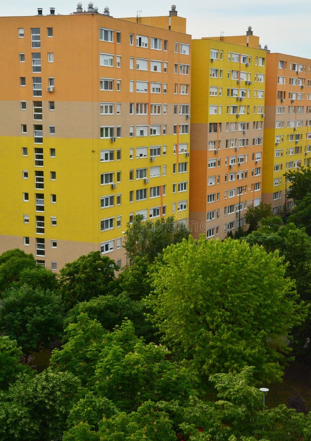 Colorful Panel Buildings with Trees Stock Photo - Image of exterior ...