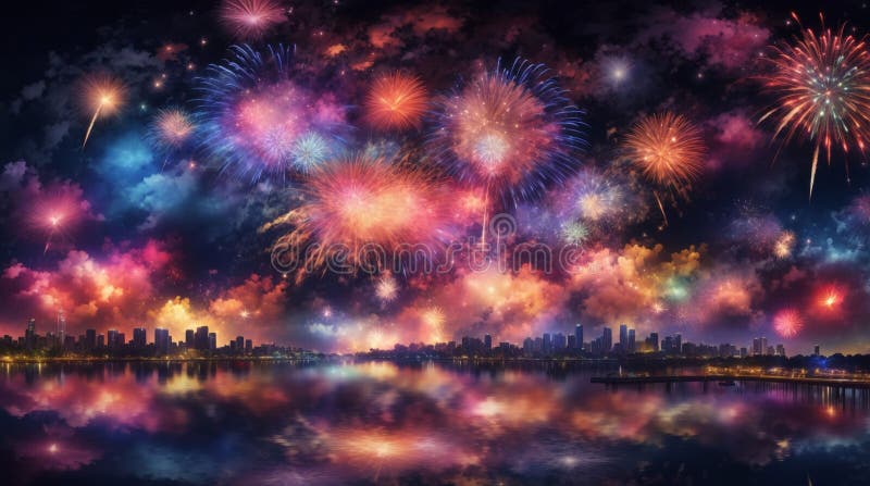 Colorful Panoramic View of Fireworks Stock Illustration - Illustration ...