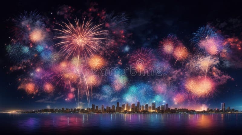 Colorful Panoramic View of Fireworks Stock Illustration - Illustration ...