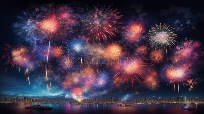 Colorful Panoramic View of Fireworks Stock Illustration - Illustration ...