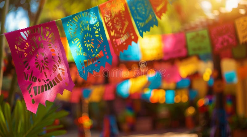 Colorful Papel Picado Banners at a Festive Outdoor Celebration Stock ...