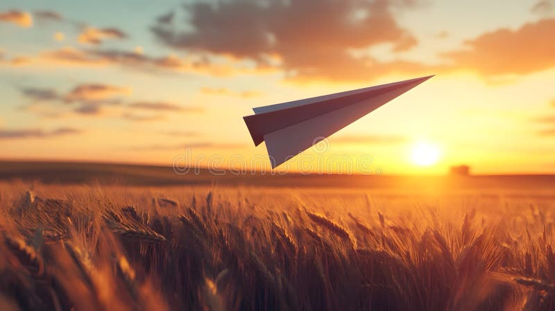 Colorful Paper Airplane Flying Over Wheat Fields at Sunset Stock Image ...