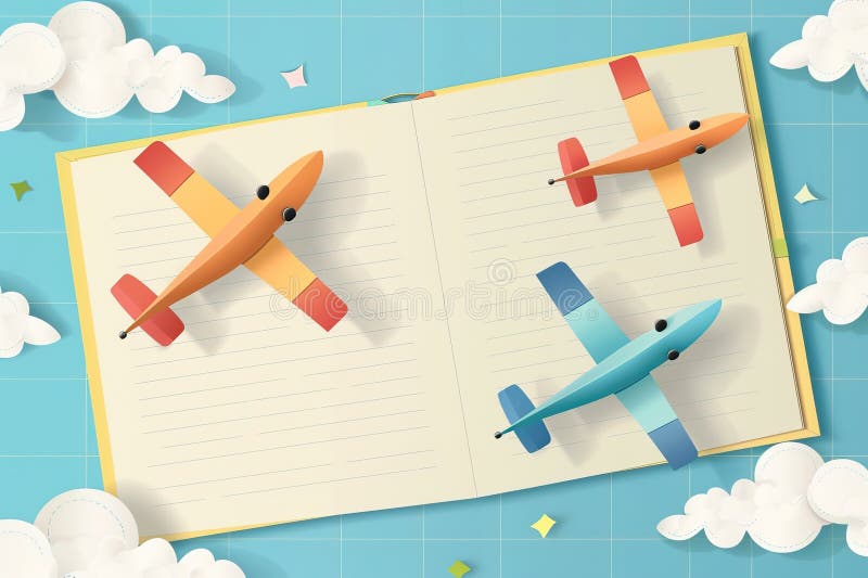 Colorful Paper Airplanes Flying Over an Open Book with Sky and Clouds ...