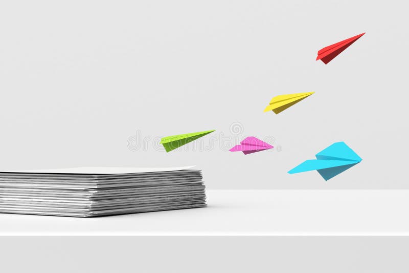Colorful Paper Airplanes Flying Over Stack of Business Cards on White ...