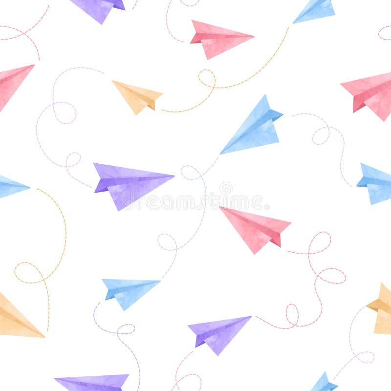 Colorful Paper Airplanes Pattern. Vector Doodle Illustration with Watercolor Planes Stock Vector ...