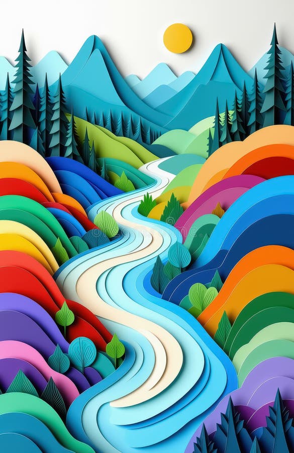 Colorful Paper Art Landscape with River, Mountains, and Forest. AI ...