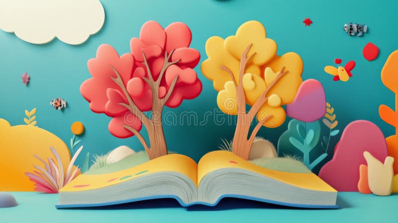 Colorful Paper Art Pop-up Book with Trees and Animals Stock ...