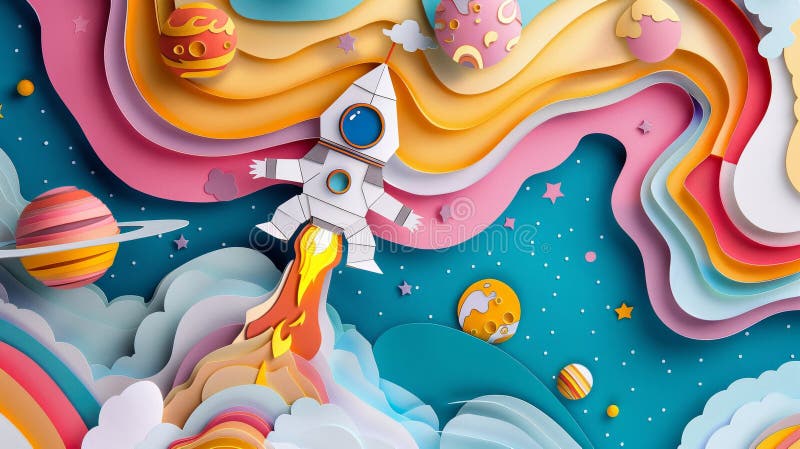 A Colorful Paper Art Scene of a Rocket Soaring through Space ...
